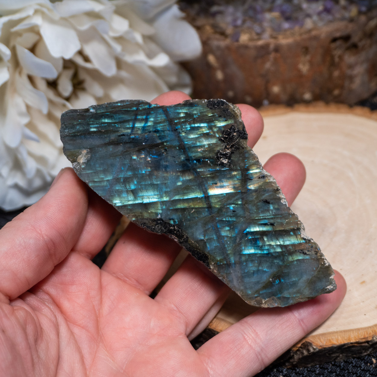Palm Sized Half-Polished Labradorite #17 - The Crystal Council