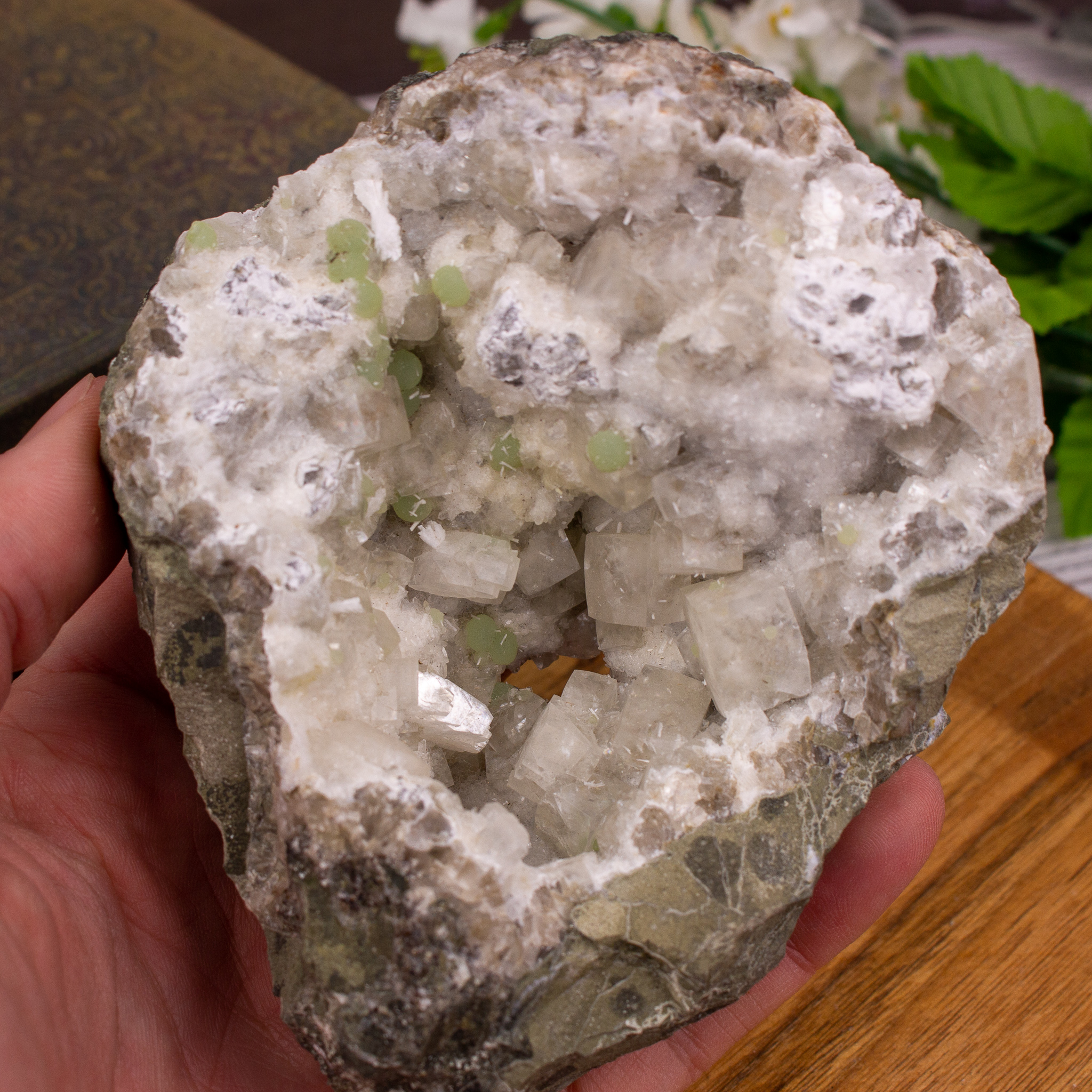 Green Apophyllite over Stilbite - The Crystal Council