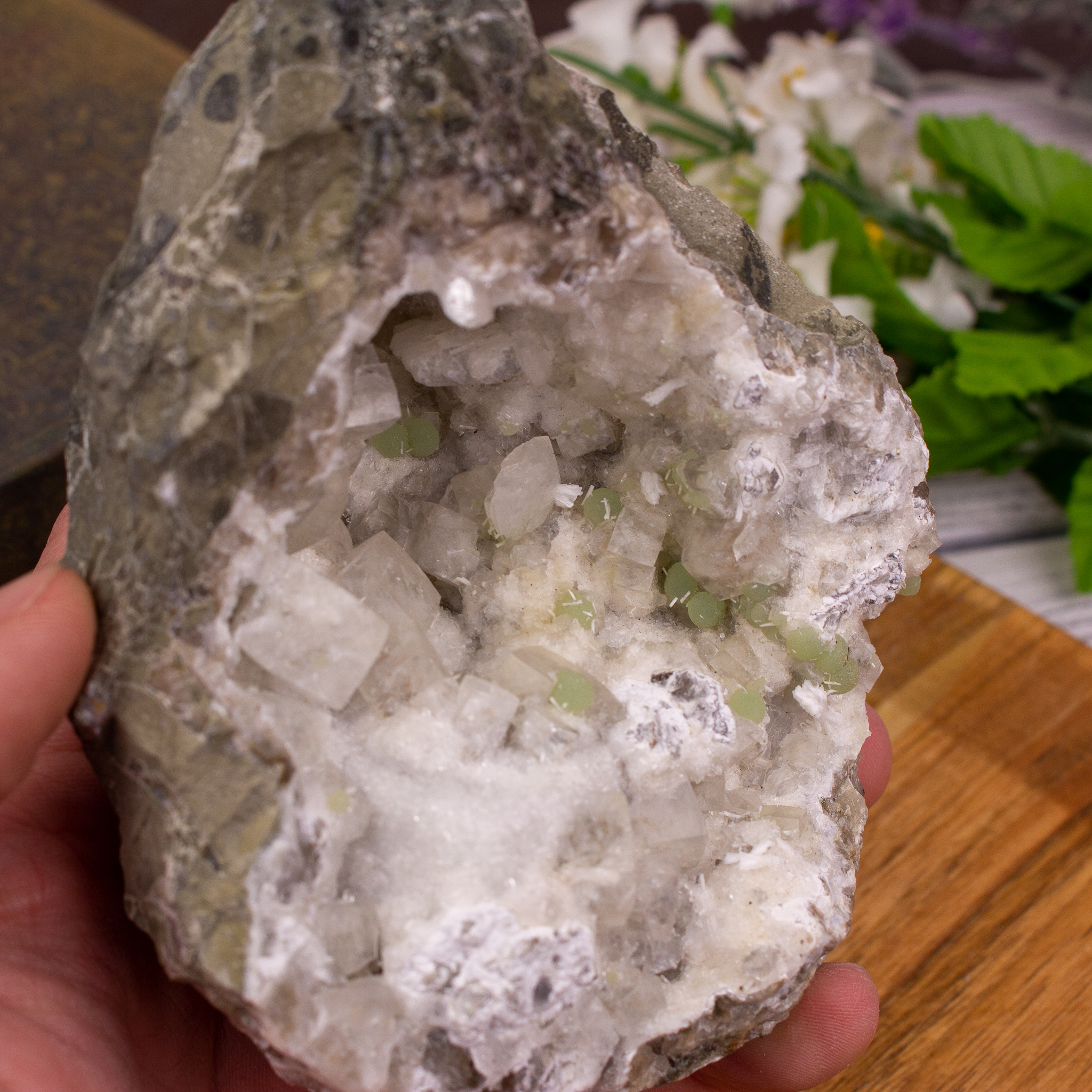 Green Apophyllite over Stilbite - The Crystal Council