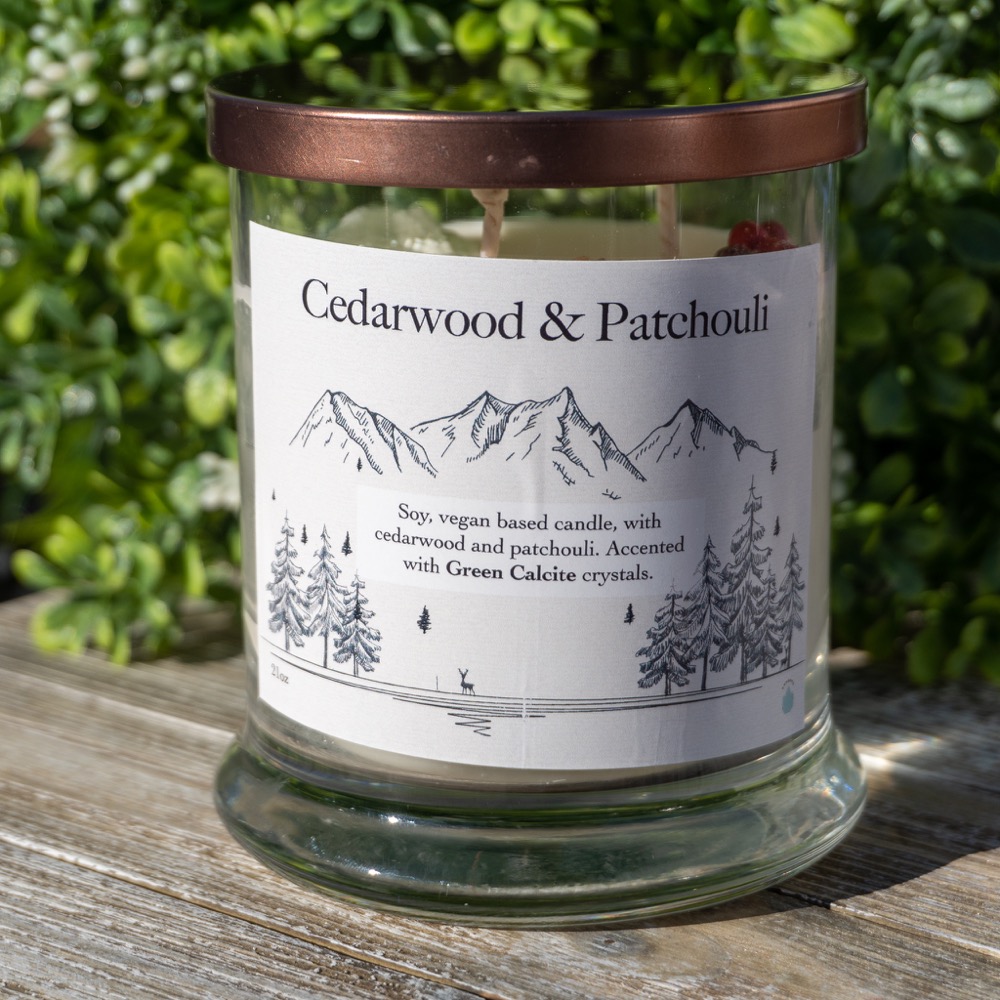 Cedarwood & Patchouli Green Calcite Candle - The Crystal Council